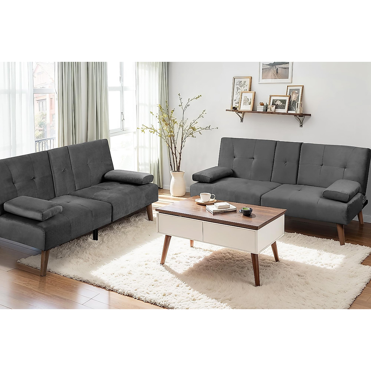 JAMFLY Futon Couch Sofa Bed Convertible, Small Sleeper Sofa Chair Loveseat with Cup Holder for Small Spaces, Living Room, Bedroom, Gameroom, Apartment, Dorm (Dark Gray)