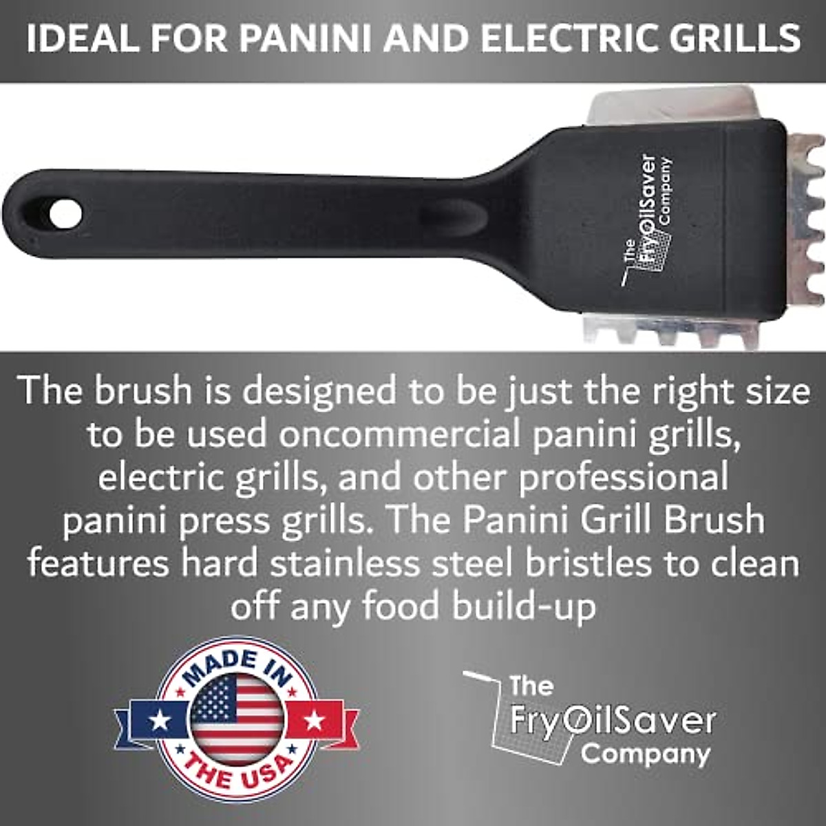 FryOilSaver Co. 90052 Panini Grill Brush - Commercial Electric Grill Stiff Bristle Brush - Stainless Steel Bristles with Hard Plastic Handle - 3 Different Scraper Heads - Heavy Duty Small Grill Brush