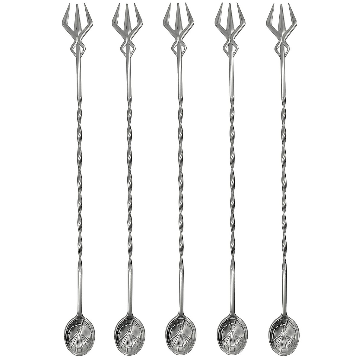 Pinenjoy 5Pcs Bar Spoon Trident Fork 12.67inch Long Spiral Handle Cocktail Spoon 18/10(304) Stainless Steel Bartender Stirring Spoon for Milkshakes Juice Coffee Tea Beer Mixing