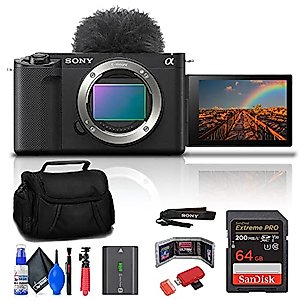 Sony Alpha ZV-E1 Full-Frame Vlog Mirrorless Lens Camera (Black) (ILCZVE1/B) + Case + 64GB Card + Card Reader + Flex Tripod + Memory Wallet + Cleaning Kit (Renewed)