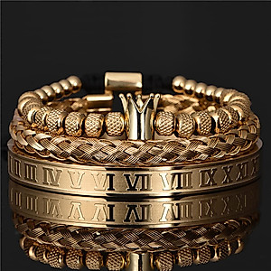 AIDUOMIRZER Luxury Roman Royal Crown Charm Men's bracelet Stainless Steel Geometry Pulseiras Men Open Adjustable Bracelets Couple Jewelry Gift (Gold 3psc/set)