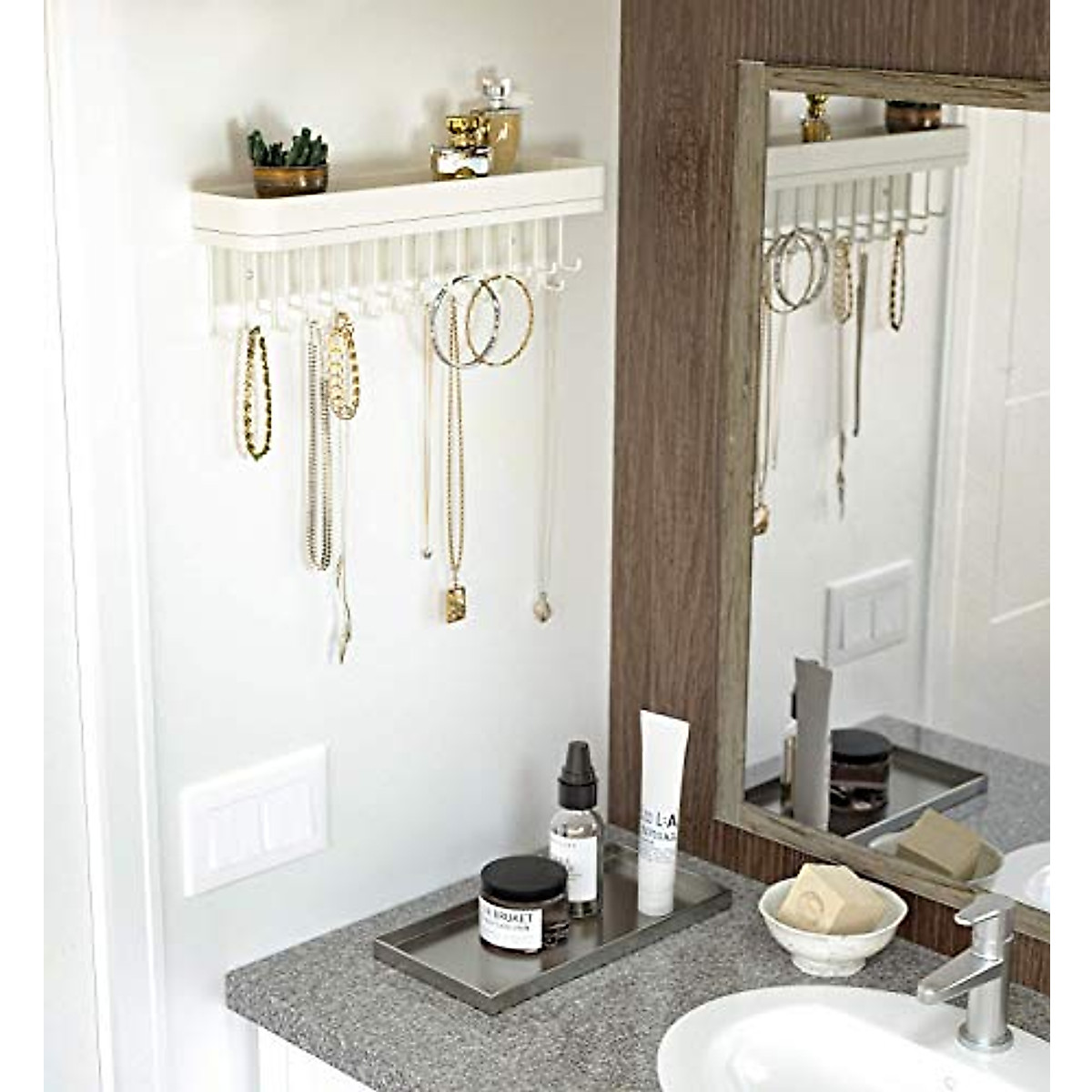 JACKCUBE DESIGN Hanging Jewelry Organizer Necklace Hanger Bracelet Holder Wall Mount Necklace Organizer with 25 Hooks(White/16.38 x 4.88 x 2.93 inches) - :MK124C