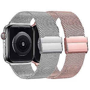 2Pack Magnetic Band Compatible with Apple Watch 38/40/41/42/44/45mm,Steel Mesh Strap Loop Replacement for iWatch SE iWatch Series 8/7/6/5/4/3/2/1 Women Men(Sliver+Champagne gold,38mm 40mm)