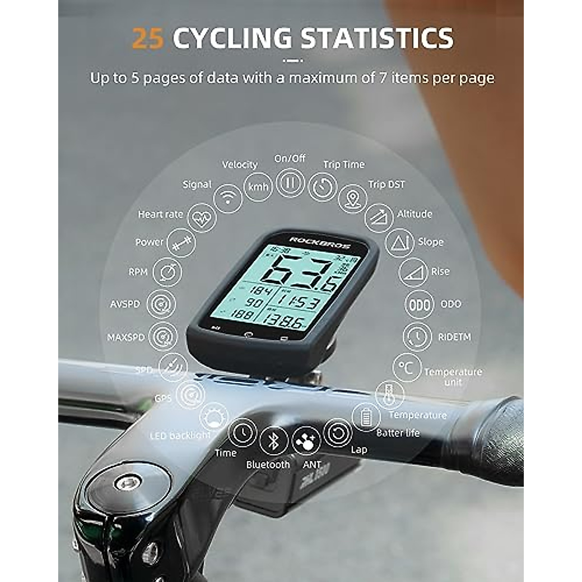 ROCKBROS Bike Computer Wireless Cycling Computers ANT+ Bluetooth Bicycle Computer Mini Speedometer Odometer Waterproof 2.9inch LCD Screen GPS/BDS/Galileo Position System