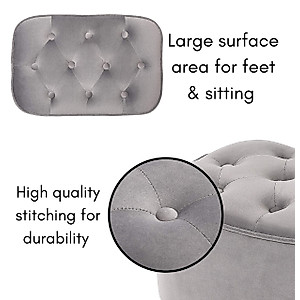 BIRDROCK HOME Tufted Curve Grey Ottoman – Velvet Foot Stool – Mid Century Modern Steel Legs - Soft Compact Padded Stool - Living Room or Bedroom – Vanity Chair - Decorative Furniture