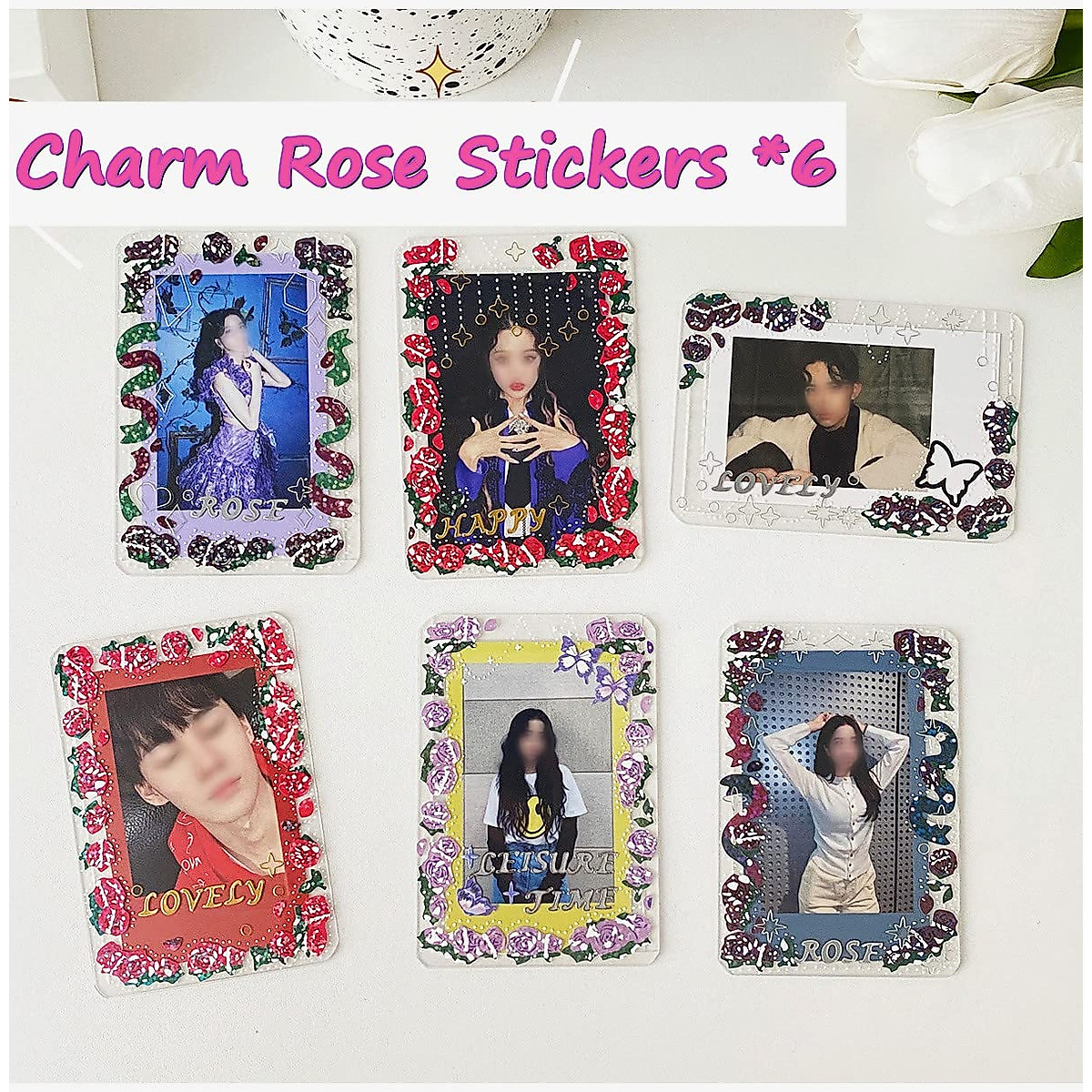 toovro 52 PCS Photo Card Holders for Kpop DIY Suit Penny Sleeves 10 Card Protectors Hard Plastic Holographic Sleeves with Chains 22 Korean Stickers Ribbon Heart Letter Charm Rose Devil Horn Stickers