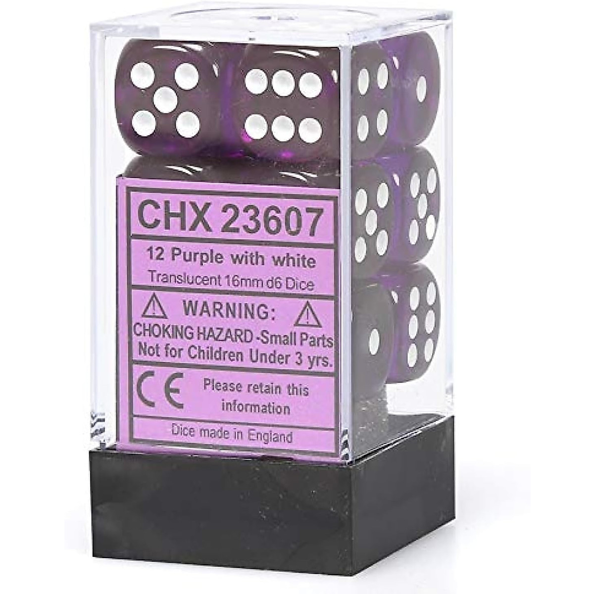 Chessex Dice Translucent Purple 6 Sided 16mm Dice Block (12-Dice), Purple/White (23607)