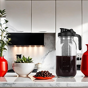 PNHYTUGY Cold Brew Coffee Maker - 64 Oz Heavy Duty Glass Mason Jar Pitcher with Stainless Steel Filter, Pour Spout Handle Lid, Leak - proof Design, Ideal for Iced Coffee and Tea - Black