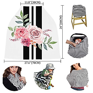 Baby Nursing Cover Carseat Canopy Spring Watercolor Blossom Pink Flowers Breathable Privacy Breastfeeding Scarf White and Black Stripe Multi Use Car Seat Covers for Boys or Girls