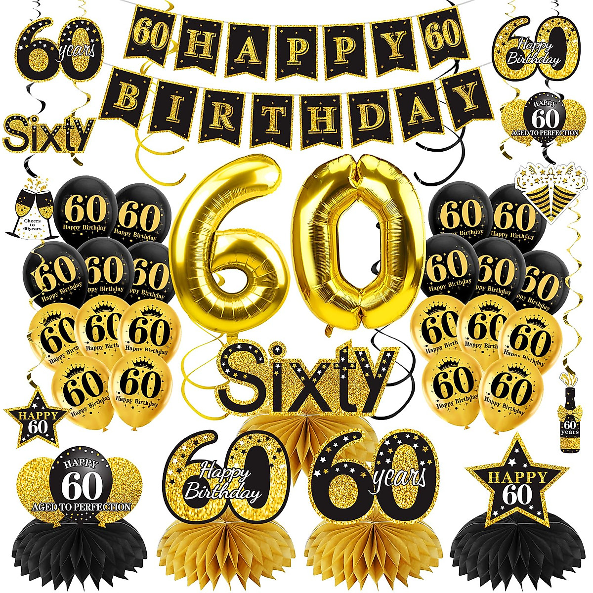 Turypaty 36Pcs 60th Birthday Decorations Kit for Men Women, Black Gold Happy 60 Birthday Banner Balloons Honeycomb Centerpiece Hanging Swirls Kit Party Supplies, Sixty Year Old Bday Table Topper