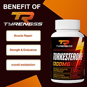 Testosterone Booster, Turkesterone Supplement 1300mg Ultra High Strength (Ajuga Turkestanica Extract Std. to 20% Testosterone), for Athletic Performance & Muscle Mass,120 Capsules