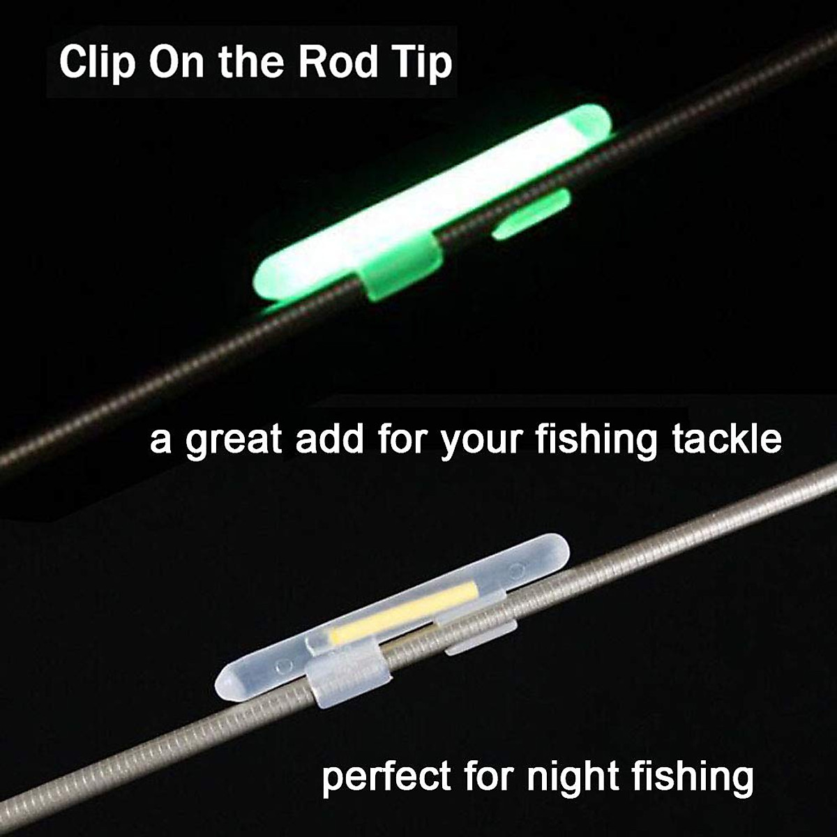 QualyQualy Clip-On Fishing Glow Sticks for Pole, Fishing Lights for Rods, Fishing Pole Light Sticks Bulk Kit 20 Pcs (10Packs L 2.7-3.2mm)