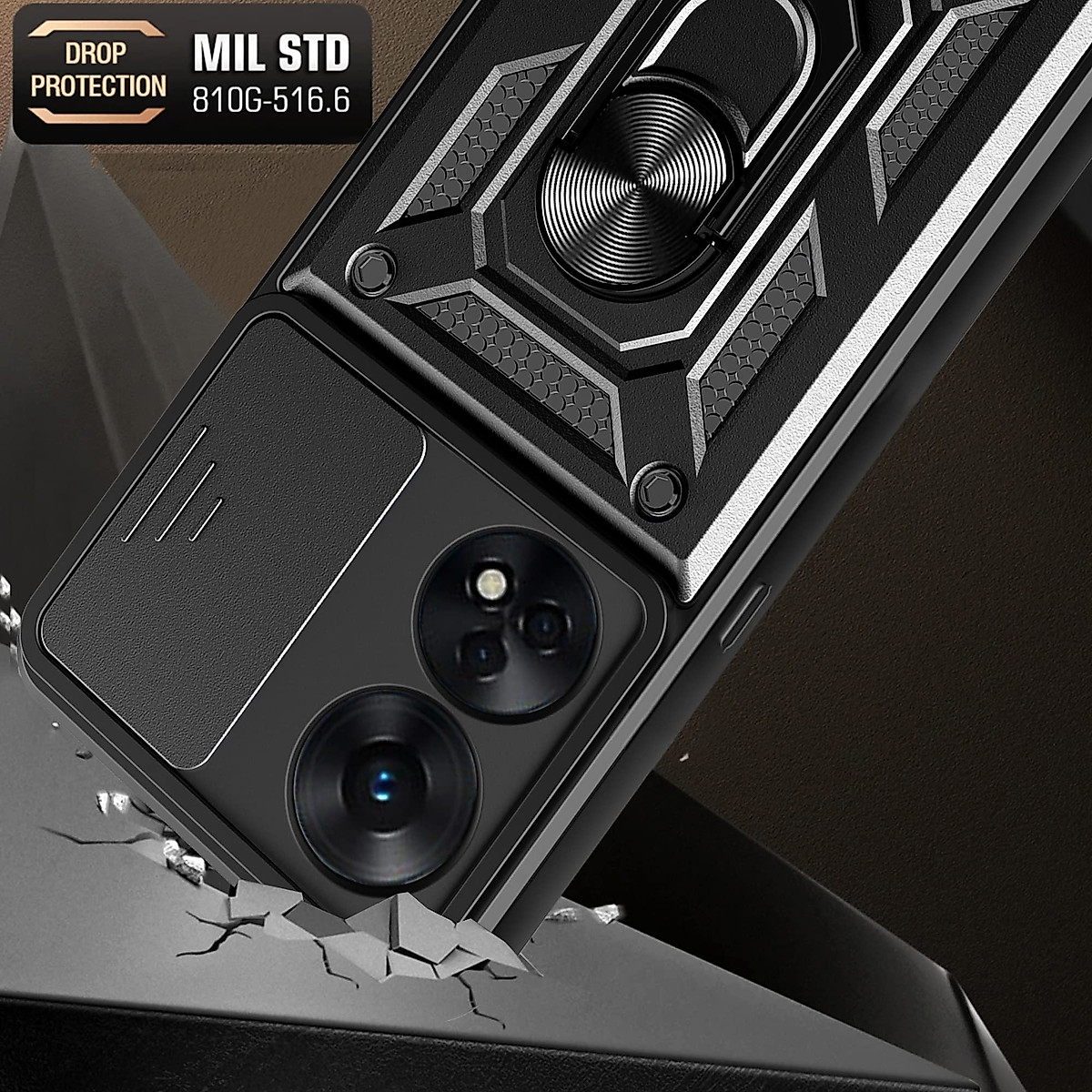 CCSmall for Oppo Reno8 T 4G (Not 5G) Case with Slide Camera Cover, Military Grade Drop Protective Phone Cover Case with Ring Kickstand for Oppo Reno 8T 4G SJ Black