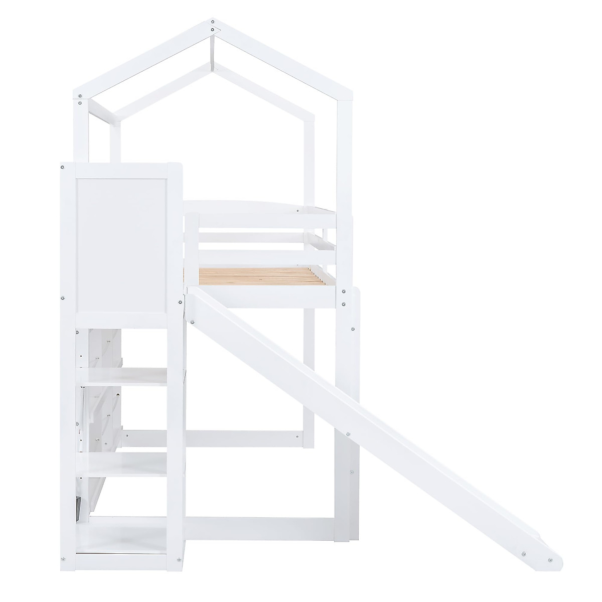 BOVZA Twin House Loft Bed with Slide, Storage Shelves and LED Light, Wood Twin Low Loft Bed Frame with Roof and Ladder, Playhouse Loft Bed for Kids Boys Girls Teens, White