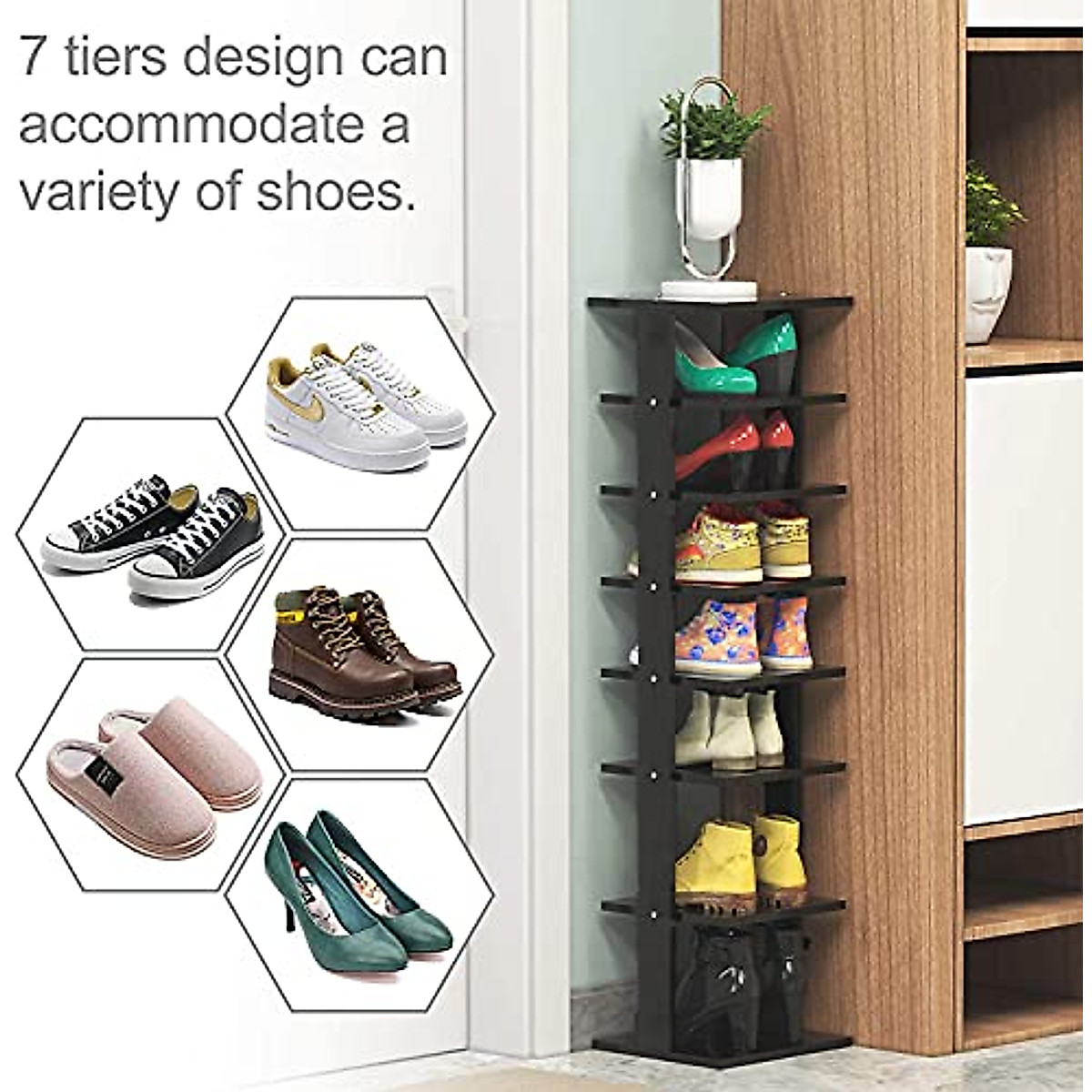 Squareful 7-Tier Wooden Shoe Rack, Modern Vertical Shoe Organizer, Multifunctional Shoe Tower Storage Stand, Space Saving Shelves for entryway, Bedroom, Hallway (Black, Small)