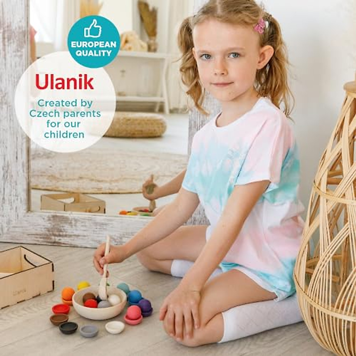 Ulanik Balls on Plates Toddler Montessori Toys for 1+ Year Old Kids Wooden Matching Game for Learning Color Sorting and Counting — 12 Balls, 1.18 in