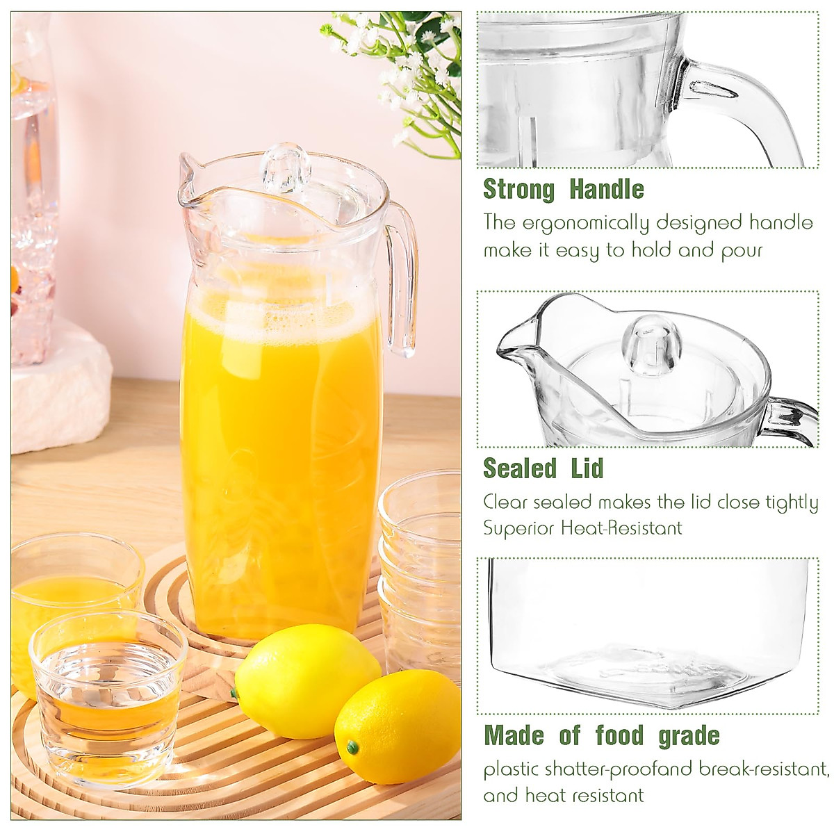 Didaey 4 Pack Acrylic Water Pitcher with Lid and Spout Handle Clear Plastic Pitcher Heat Resistant Plastic Carafe Unbreakable Beverage Container Fridge Jug for Juice Iced Tea Sangria Lemonade (44 oz)