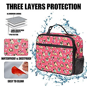 IVENHLYS Dog Lunch Box, Cute Pugs Insulated Lunch Bag Leakproof Durable Reusable Adult Tote Bag with Pocket, Cooler Lunch Box for Women Men Dog Lover Kid Pink Ideal Gift…