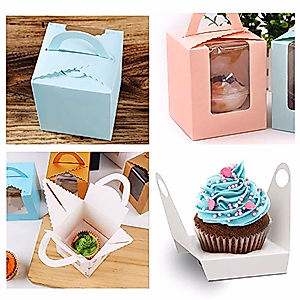 50 Pack Cupcake Boxes Individual, Portable Single Cupcake Carrier With Window Insert and Handle, Cupcake Boxes Individual Blue For Bakery Wrapping