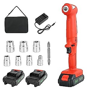 gangqiao Cordless Electric Ratchet Wrench, 90° Angular Impact 3/8 inch 88.5Ft-lbs 2100 RPM 26V Power Ratchet Wrench Kit w/ 2-Pack 3.0Ah Lithium-Ion Batteries 30-Min Fast Charge Variable Speed Trigger