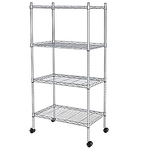 JS HANGER Wire Shelving Unit, 4-Tier Heavy Duty Height Adjustable Rolling Metal Shelves for Storage, 440 lbs Capacity, 23.23''W X 13.4''D X 47.24''H, Silver
