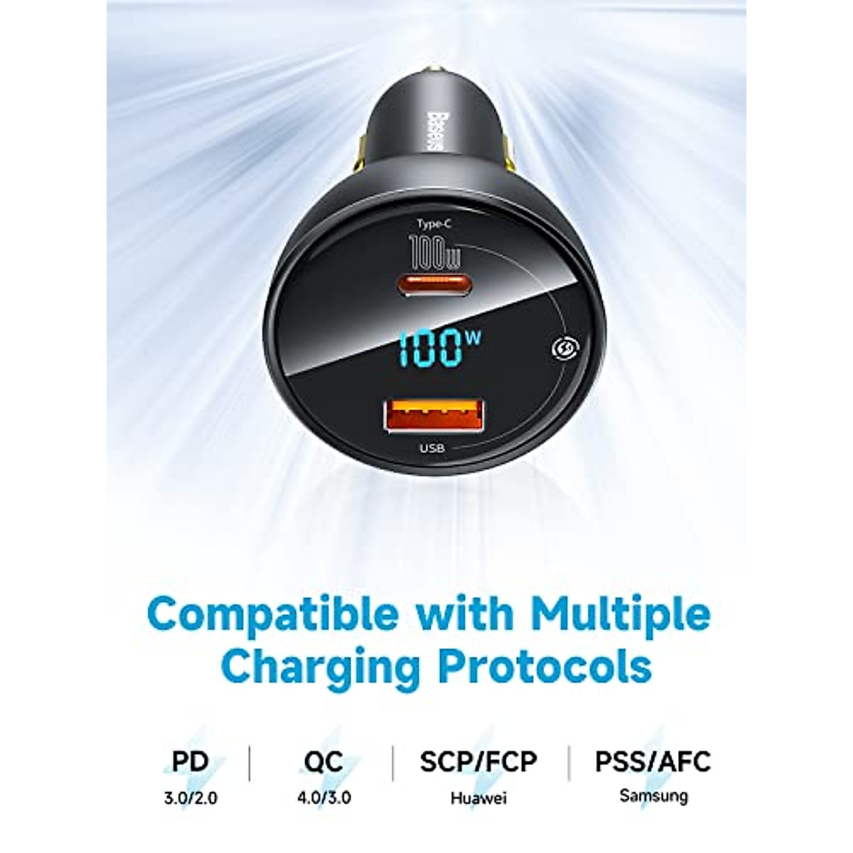 Baseus 100W USB C Car Charger, PPS PD3.0 QC4.0 Super Fast Charging Type C Car Charger with LED Display Adapter Compatible with MacBook Pro Laptop iPad iPhone 14/13 Pro Max Samsung S22 S21 Ultra/Tab S8