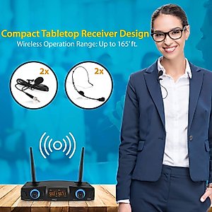 Pyle Compact UHF Wireless Microphone System-Pro Portable Dual Channel Desktop Digital Set w/ 2 Belt-Pack Transmitter, Receiver, 2 Headset, Lavalier Mics, XLR, for Home, PA (PDWM2958B.5)