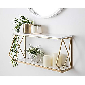 Kate and Laurel Brost Glam Wall Shelf, 22 x 8 x 10.25, White and Gold, Modern Geometric Floating Shelves for Wall