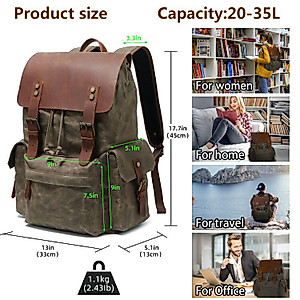 MUMAIS Military Style Waxed Canvas Backpack Laptop Genuine Leather(Oil Wax Waterproof) School Bag Vintage Computer Backpack For Men&Women,Professional Outdoor Hiking Travel Shoulder(Army Green)
