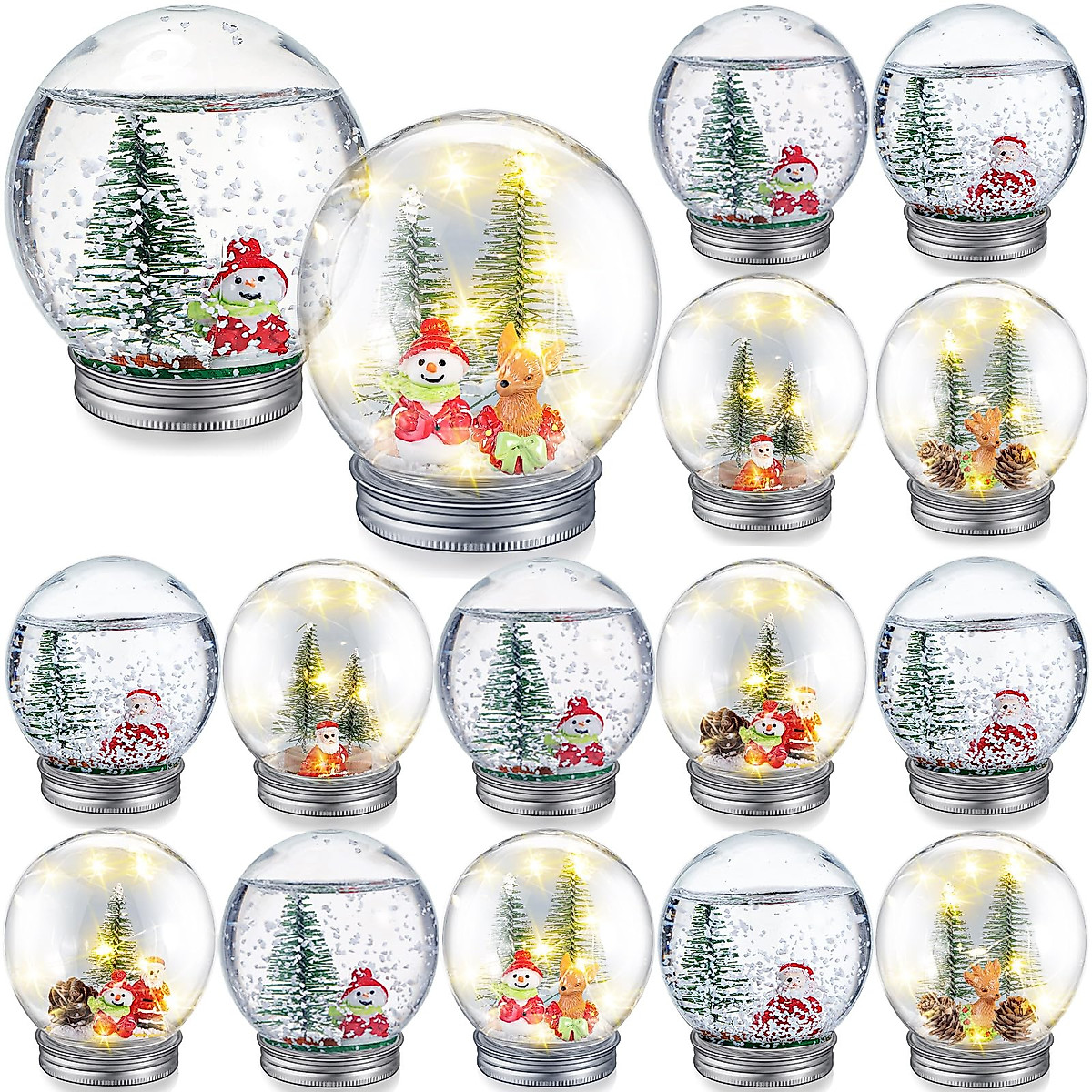 Liliful 16 Pack Christmas DIY Snow Globe Kit Including 3.58 Inch LED Plastic Snow Globe with Screw Off Cap Artificial Mini Christmas Tree Snowman Santa Deer Pine Cones and Lights
