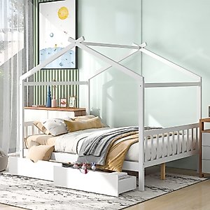 Full House Bed with Storage Drawers White Montessori Beds Wood Beach Bed Frame Cottage Beds for Kids Girls Boys Teens, Full Size