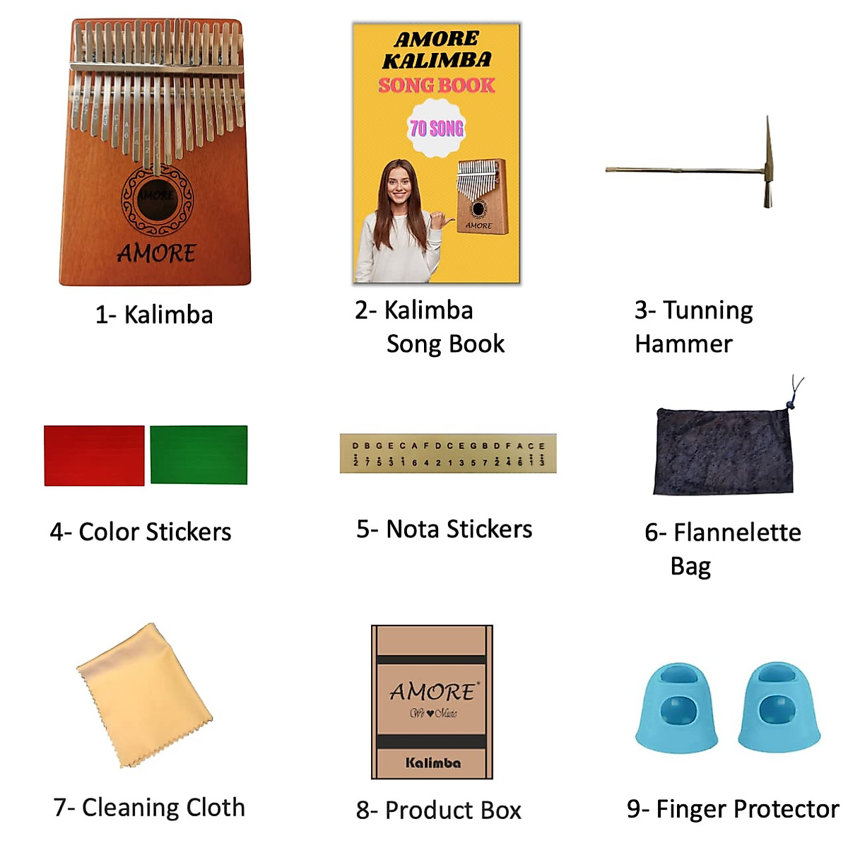 AMORE Kalimba 17 Keys Thumb Piano Small Musical Instrument Christmas Gift for Kids 70 Song Book Tabs Portable Mbira Finger Piano and Adults Beginners All in One Kit