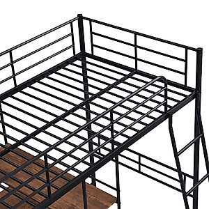 P PURLOVE Twin Size Metal Loft Bed with Desk for Kids,Girls,Boys,Twin High Loft Bed with Storage Shelves and Built in Ladder for Living Room,No Box Spring Needed,Black