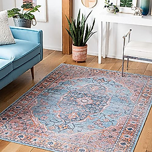 SAFAVIEH Serapi Collection Area Rug - 8' x 10', Blue & Orange, Boho Chic Design, Non-Shedding Machine Washable & Slip Resistant Ideal for High Traffic Areas in Living Room, Bedroom (SEP540M)