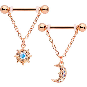 Body Candy 14G Womens Nipplerings Piercing Plated Steel 2Pc Rosy Moon Sun Chain Dangle Nipple Ring Set 5/8"