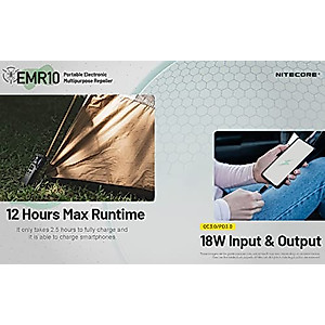 Nitecore EMR10 Portable Mosquito Repeller for Outdoor, 16 ft Protection Zone, Rechargeable Ultrasonic with 10 Repellent Mat and Nitecore Sticker