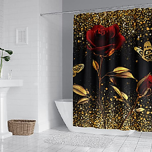 RinRinfam 4Pcs Gold Rose Shower Curtain Set, Gold Star Sparks Butterfly Curtain with Non-Slip Rug,Toilet Lid Cover,U Shape Mat,Curtain with 12 Hooks Bathroom Decor Sets,Black 72"×72"