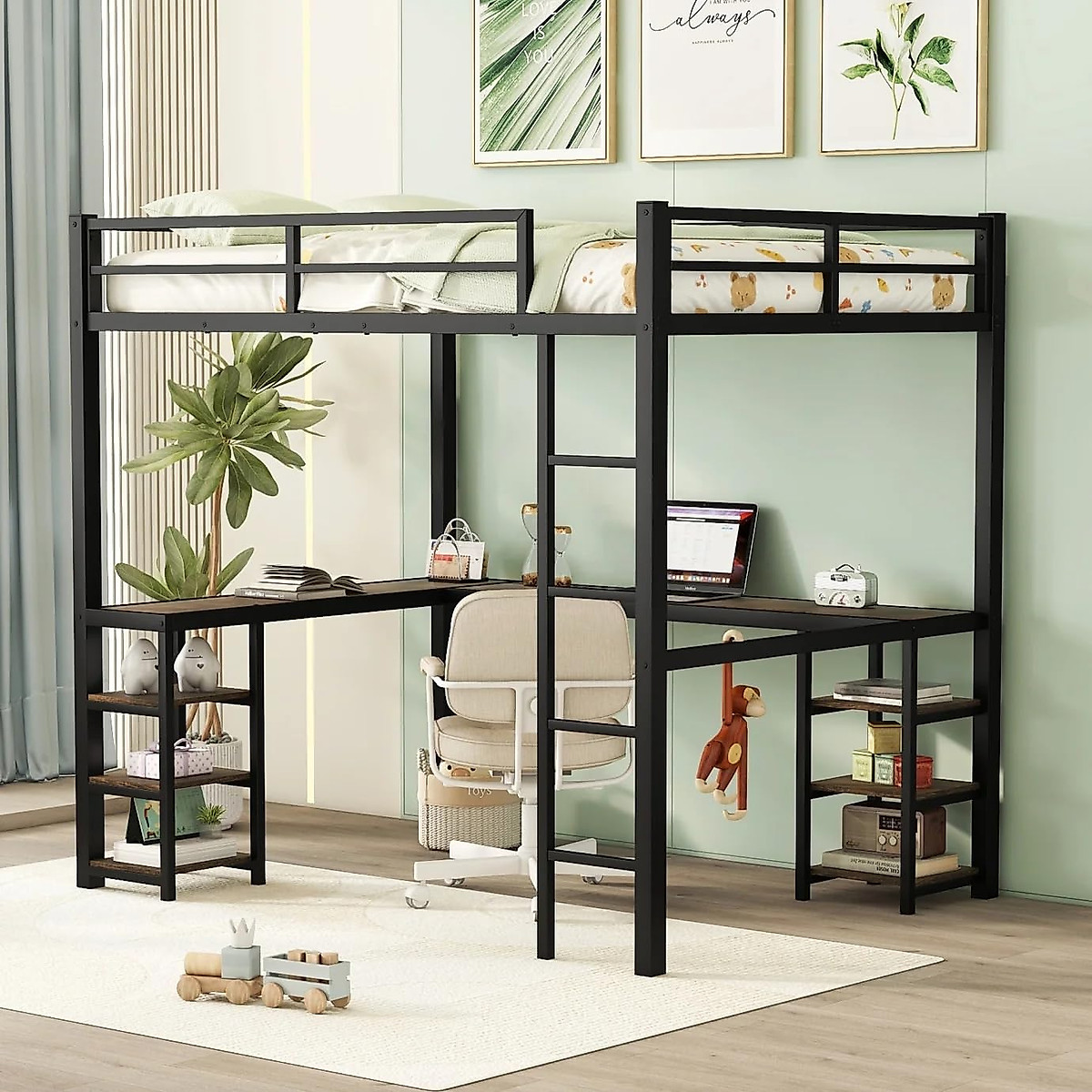 Full Loft Bed with L-shaped Wooden Desk and Storage Shelves, Full Size Loft Bed Frame with Safety Guardrail and Built-in Ladder for Boys Girls Juniors, No Box Spring Needed, Black and Brown