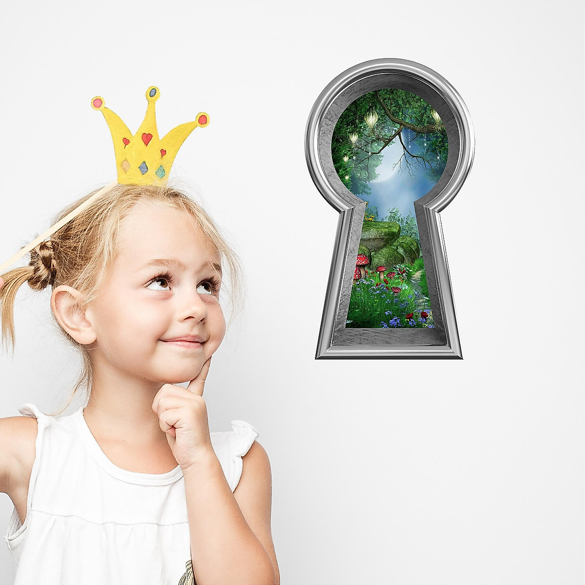 Silver Keyhole Window Wall Decal Enchanted Lantern Forest Wonderland Kids Room Decor Fantasy Mushroom Fairy Tale Removable Vinyl Wall Sticker 16 inch