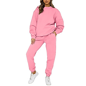 KANSOON Outfits for Women 2 Piece Sets Long Sleeves Pullover Sweatshirt Drawstring Jogger Sweatpants Set Pink S