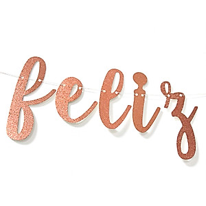 Rose Gold Glitter Feliz Cumpleanos Banner, Bunting Garlands for Celebrating Fiesta Theme/Spanish Birthday/Anniversary Party Decoration (Pre-Strung)