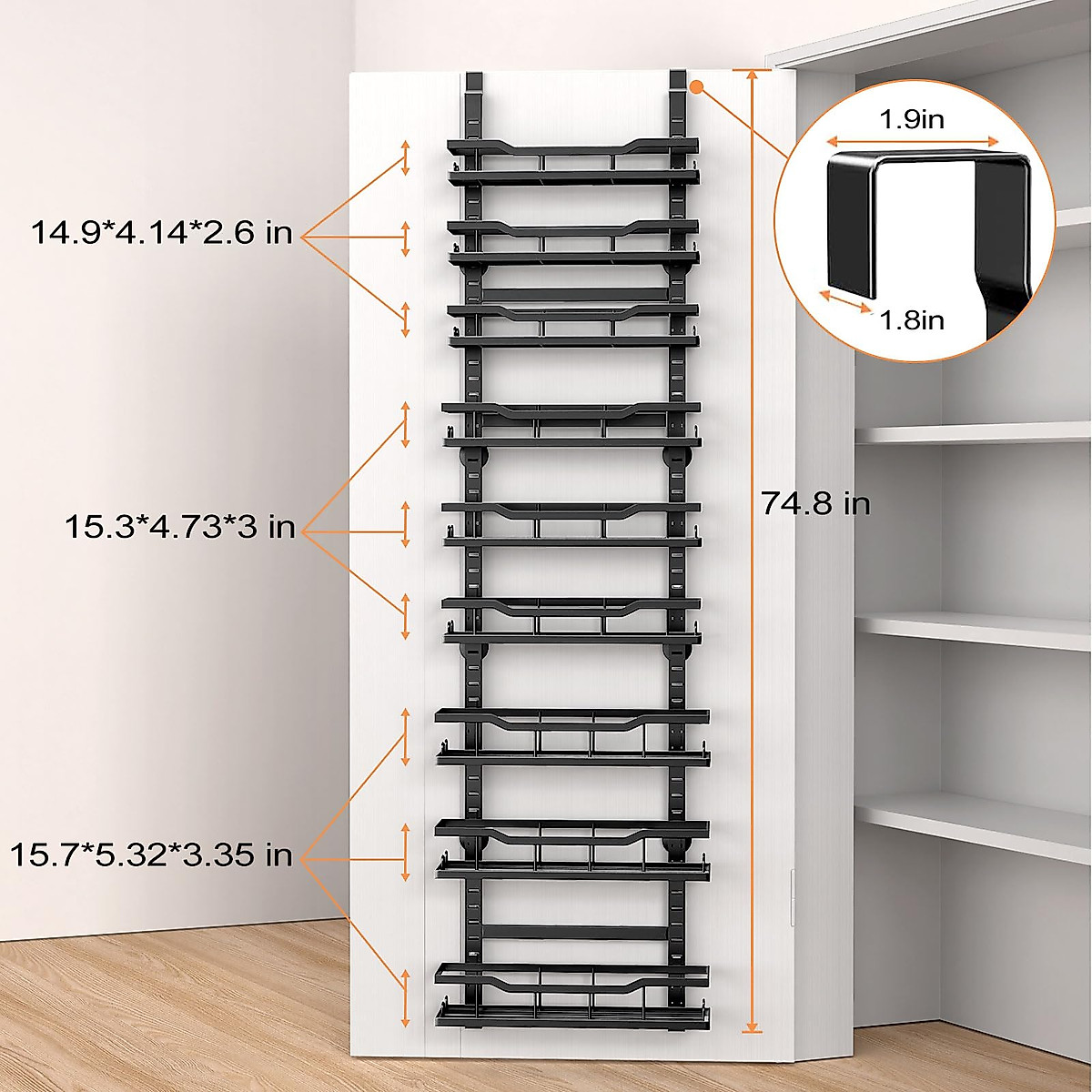 MSERCUOR Over The Door Pantry Organizer Rack, 9-Tier Metal Pantry Organization And Storage with Adjustable Baskets, Hanging Spice Rack for Home & Kitchen Laundry Room Bathroom (9 Tier Black)