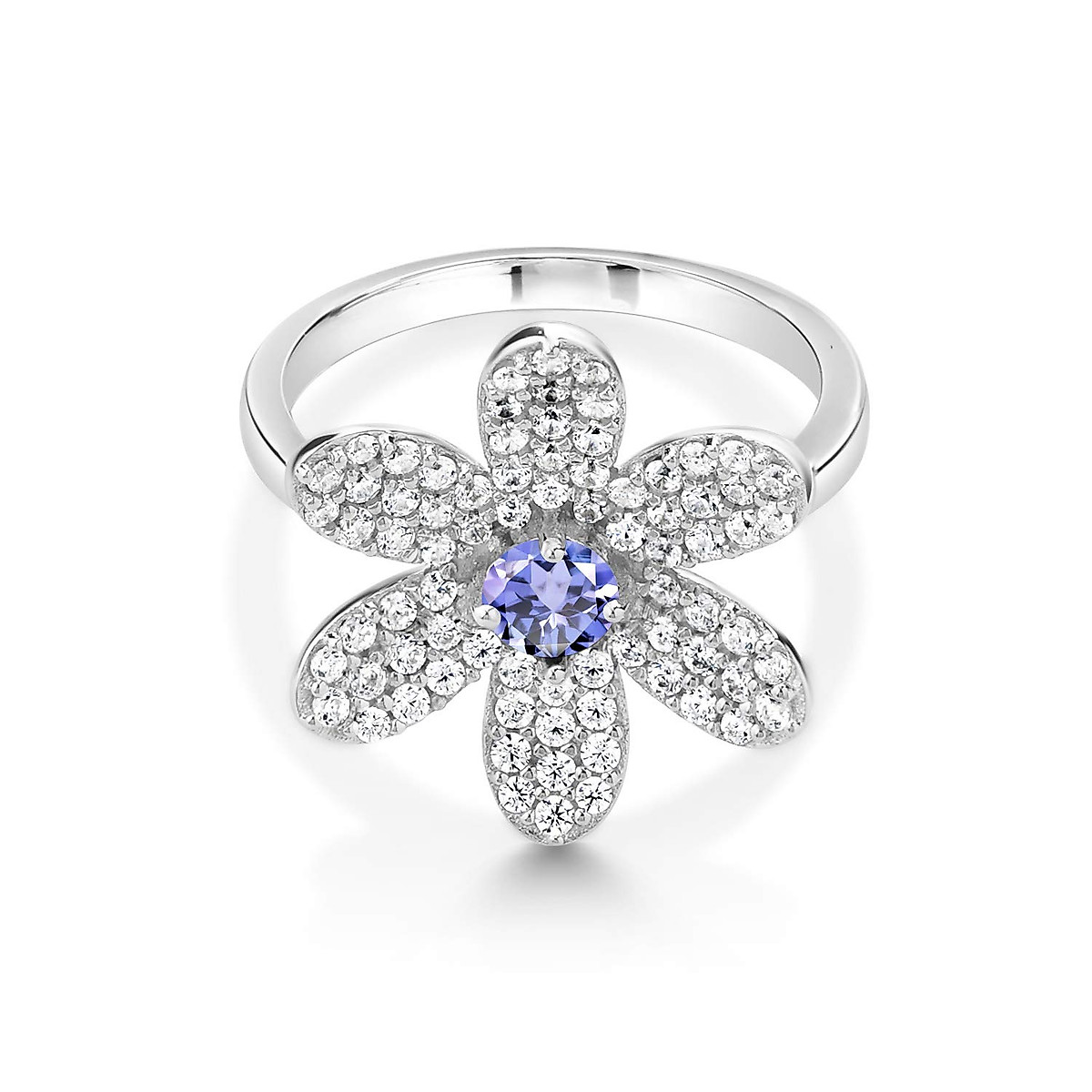 Gem Stone King 925 Sterling Silver 4MM Round Gemstone Birthstone Flower Ring For Women By Keren Hanan | Available in Size 5,6,7,8,9