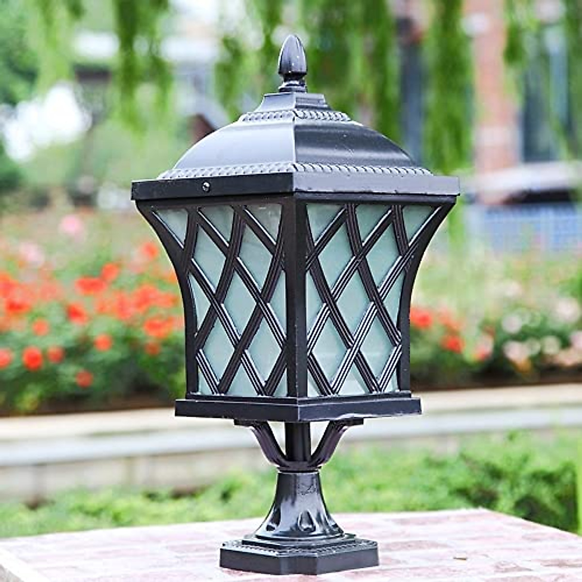 MODEBHD European Antique Retro Glass Column Lamp Victoria Lantern Aluminum Outdoor Waterproof Table Lamp Lawn Lamp Street Post Light E27 Decoration Illumination Landscape Villa Garden Bollard Lamps