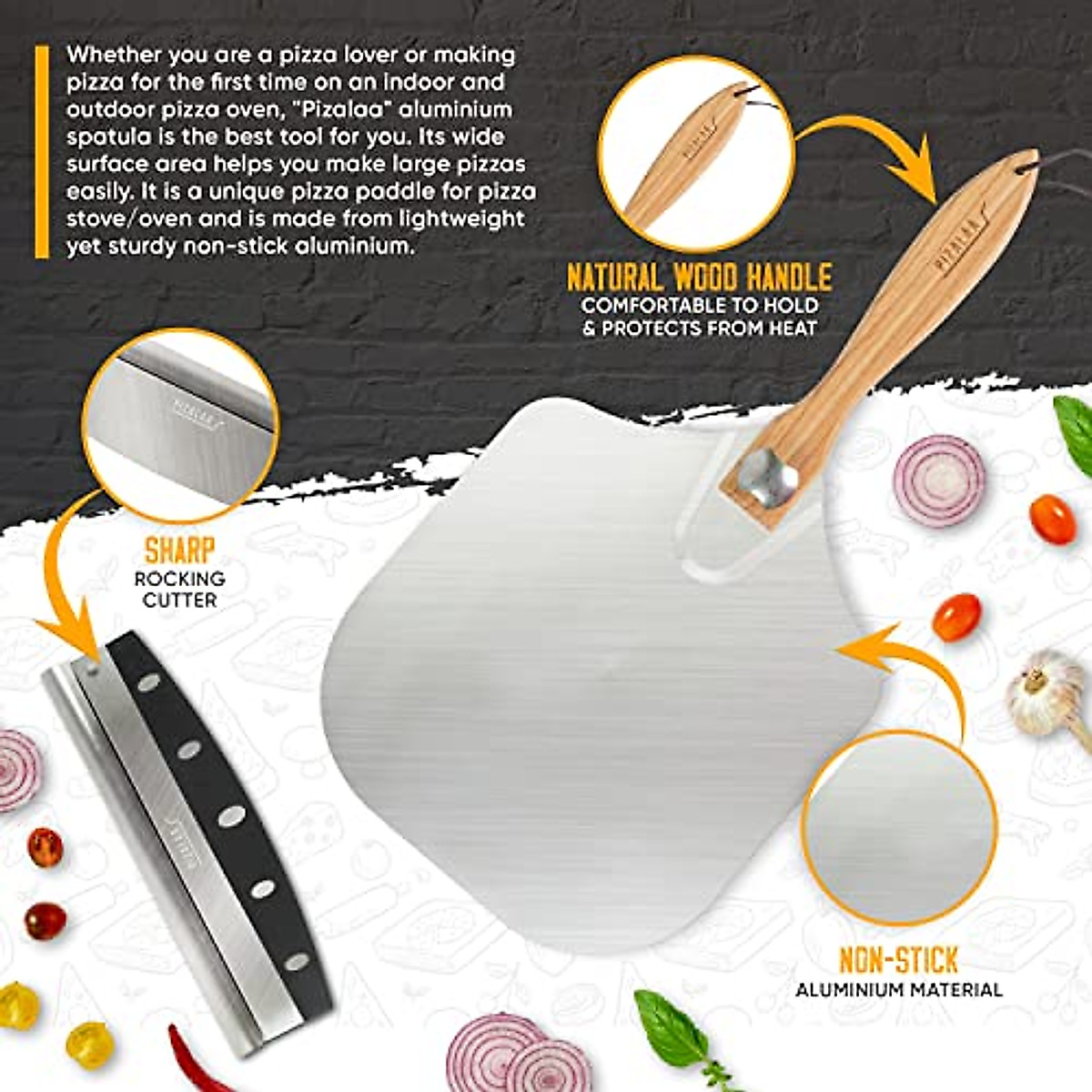 PIZALAA Pizza Peel 12 Inch with Pizza cutter - Aluminium Metal Pizza Paddle with Foldable Wooden Handle for Easy Storage, Pizza Cutter Rocker, Pizza Server, Pizza Oven Accessories, Homemade Pizza
