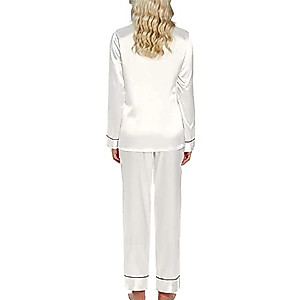 WJing Yi Jia Womens Pajama Set Silk Satin Pajamas Long 2pc Pjs Button Down Sleepwear Pj Set Loungewear White