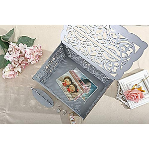 Mimacoo Wedding Money Box Holder with Sign, Large Rustic Wood Wooden DIY Envelop Gift Card Shadow Boxes with Lock Slot for Reception Anniversary (Silver)