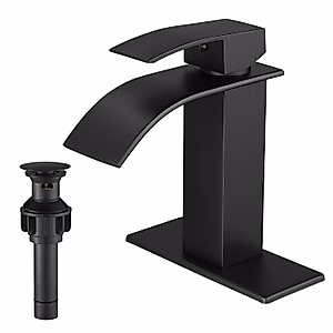 VOTON Black Bathroom Faucets Modern Waterfall Bathroom Sink Faucet Matte Black Single Handle Bathroom Faucet for 1 or 3 Holes with Deck Plate and Pop-Up Drain, Rv Sink Camper Farmhouse Bathroom Faucet