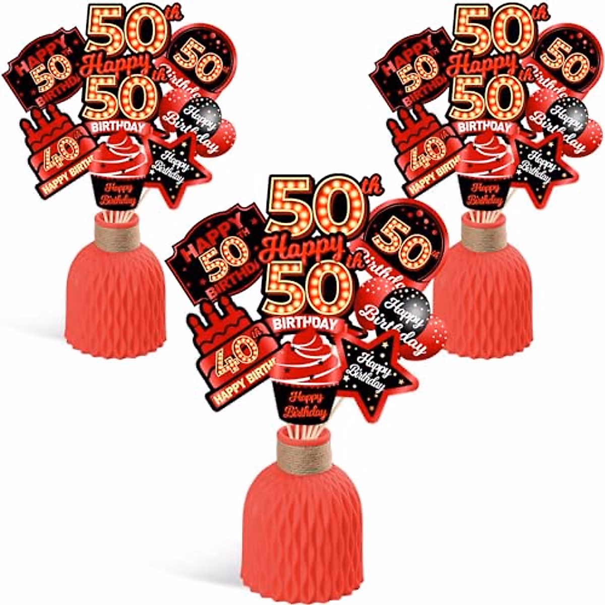 Happy 50th Birthday Red and Black Table Honeycomb Centerpieces Balloons Theme Decor Table Toppers Table Decorations for Girls Women Princess 50 Years Old Birthday Party Supplies Bday Background Gold