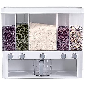 PIOJNYEN 5 Grid Rice Dispenser, Wall Mounted Grain Dispenser with Cup, Rice and Grain Storage Container for Home Kitchen, Detachable Partition, 10L